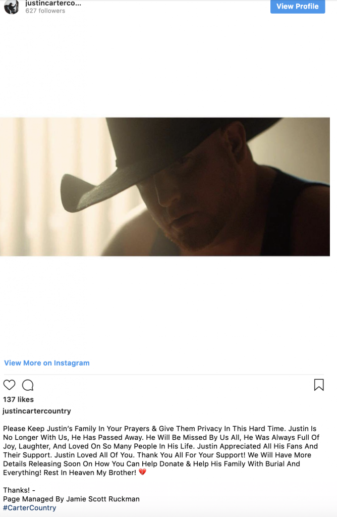 Justin Carter Dies from Shooting; Country Singer Was 35 - The Hollywood ...