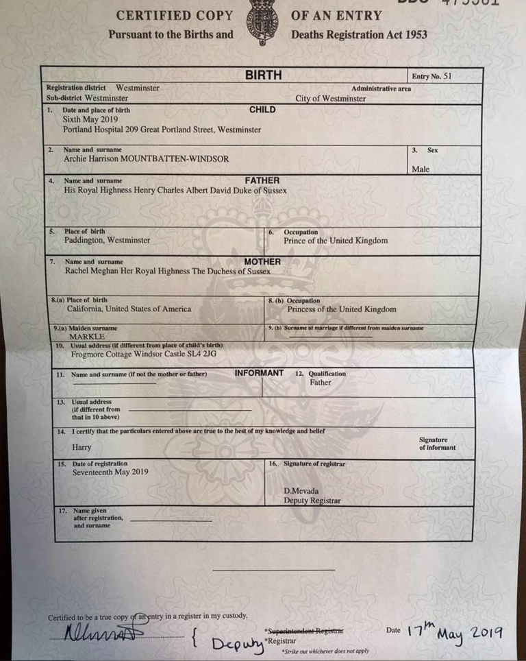 Archie Harrison Mountbatten-Windsor Birth Certificate - The Hollywood ...